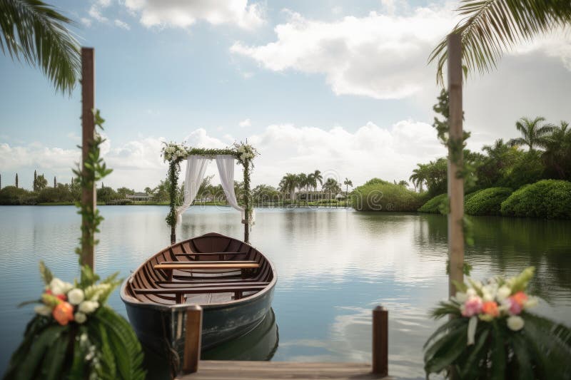 Ceremony Setting with View of the Ocean or a Lake, and Row Boat on the ...