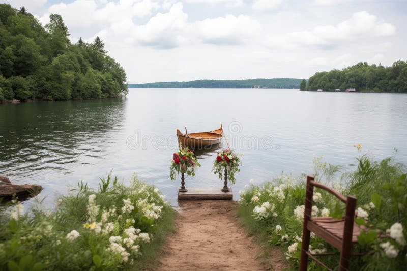 Ceremony Setting with View of the Ocean or a Lake, and Row Boat on the ...