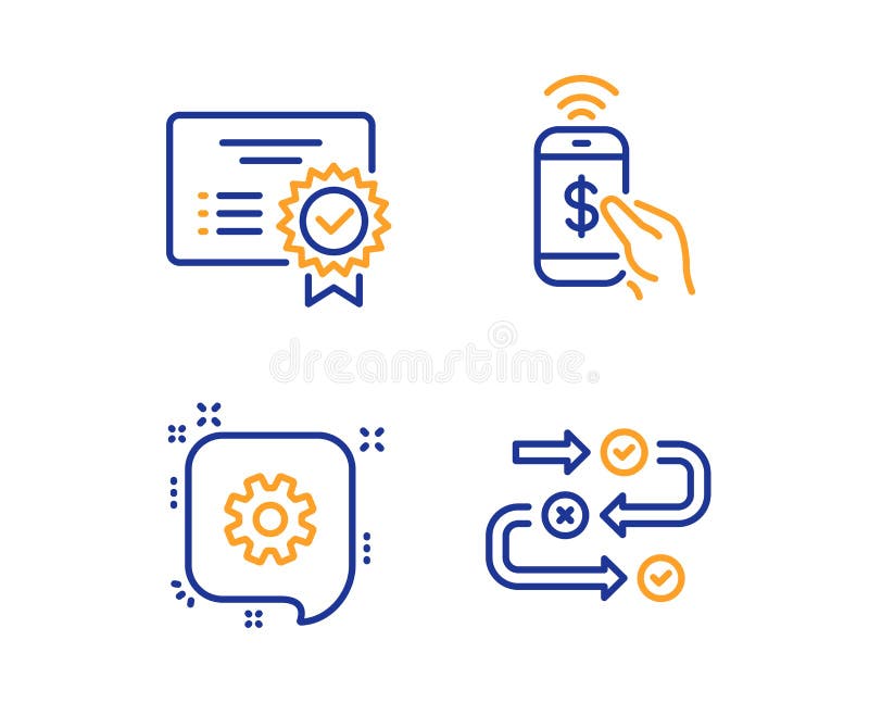 Certificate, Cogwheel and Phone Payment Icons Set. Survey Progress Sign ...