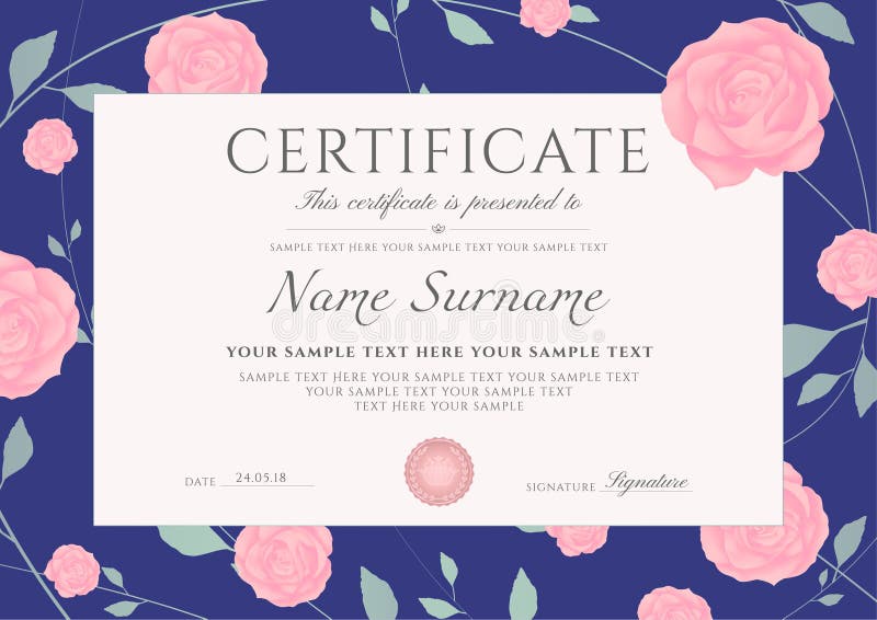 Certificate of Completion Template with Flowers Blue Roses and Green ...