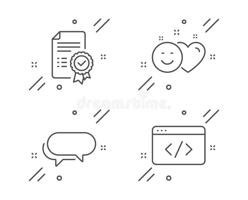 Certificate, Messenger and Smile Icons Set. Seo Script Sign. Vector ...