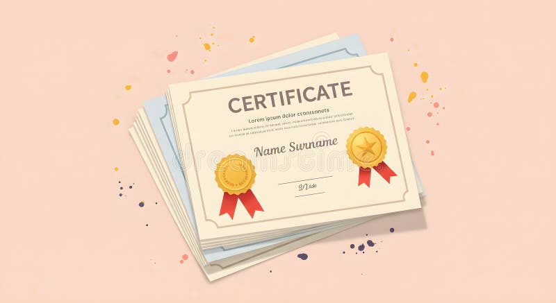 Certificate Papers Stack with Gold Seals and Red Ribbons Stock Photo ...