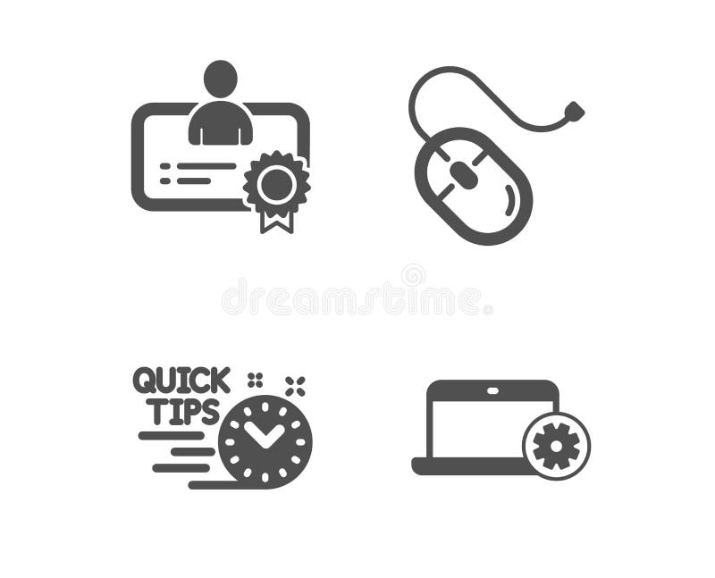 Certificate, Quick Tips and Computer Mouse Icons. Notebook Service Sign ...
