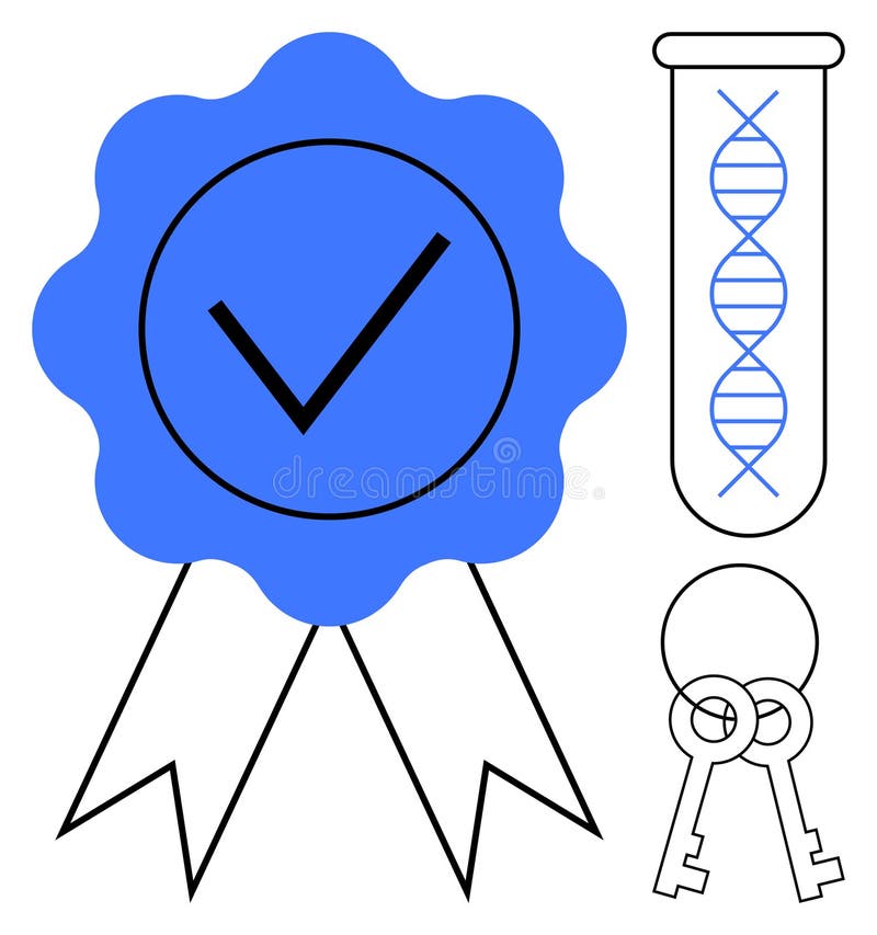 Certification Badge, DNA Strand in Test Tube, and Keys Representing ...
