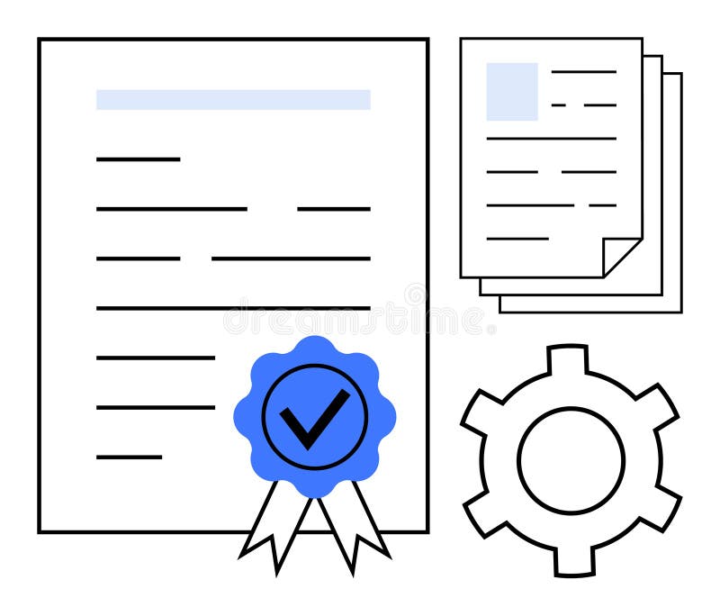 Certified Document with Blue Approval Badge, Stacked Papers, and Gear ...