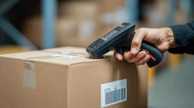Generative AI Hand Holding Barcode Scanner Reading Package in Warehouse ...
