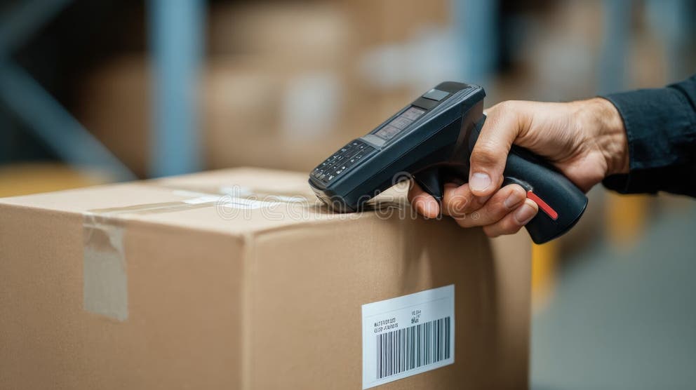 Generative AI Hand Holding Barcode Scanner Reading Package in Warehouse ...
