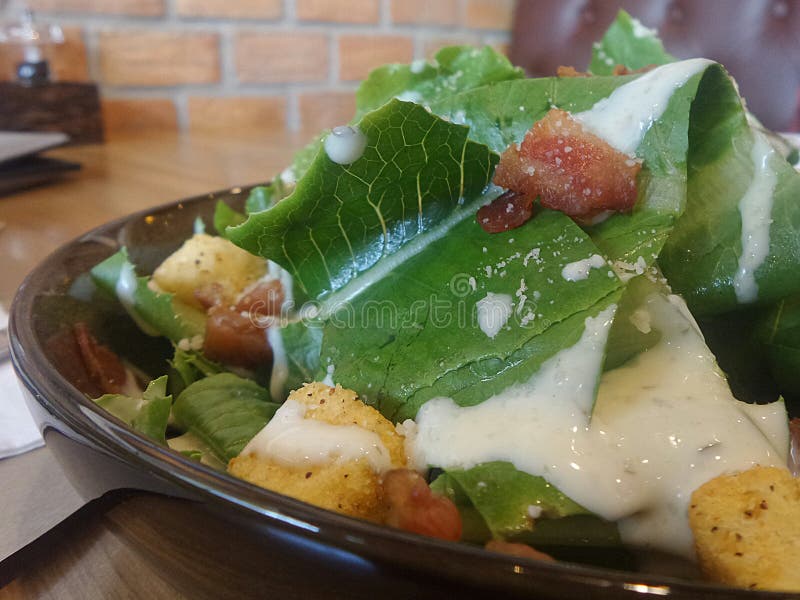 Cesar Salad with Grilled Baecon Stock Photo - Image of crouton ...