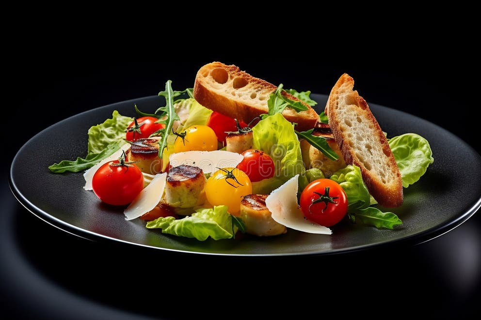 Cesar Salad Served on a Plate Stock Photo - Image of grill, dark: 322541646