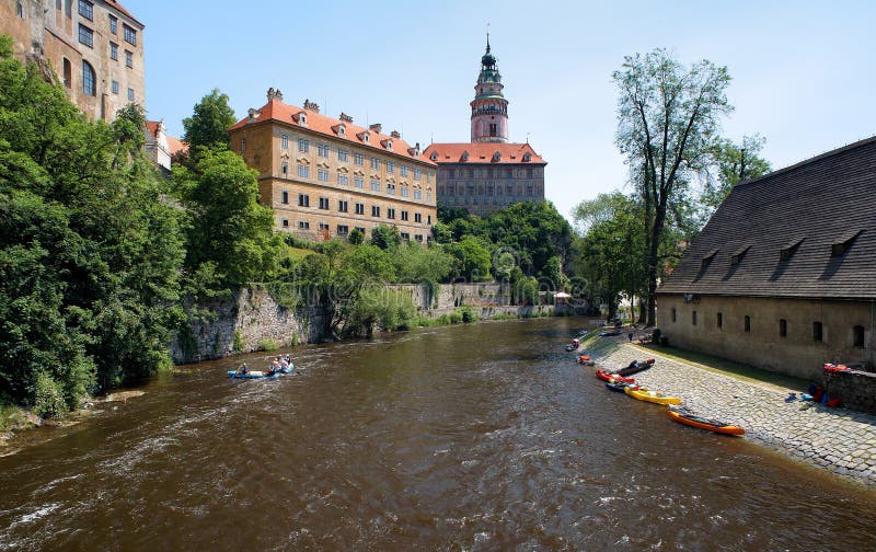 Cesky Krumlov Castle and Rafting on Vltava River Stock Image - Image of ...