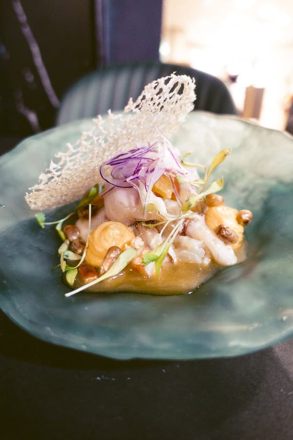 Ceviche on Blue Plate in a Restaurant Stock Photo - Image of peru ...
