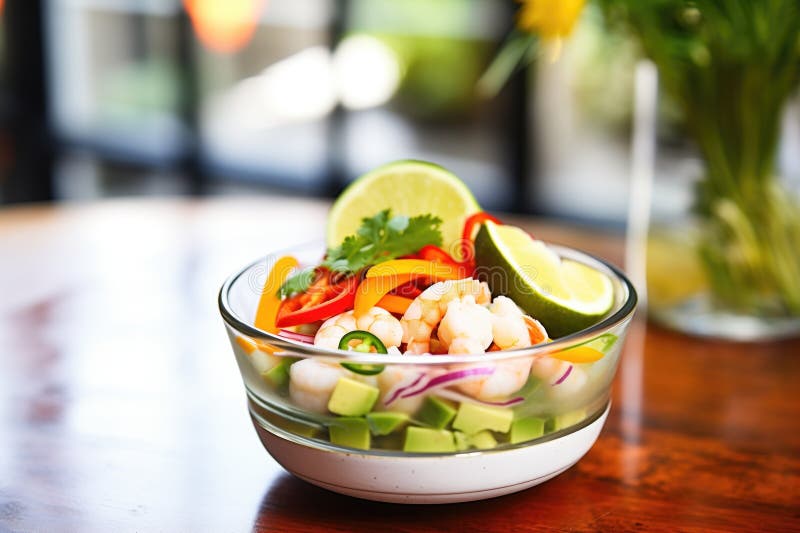 Ceviche in a Clear Bowl with Avocado, Lime, and Shrimp Stock Image ...