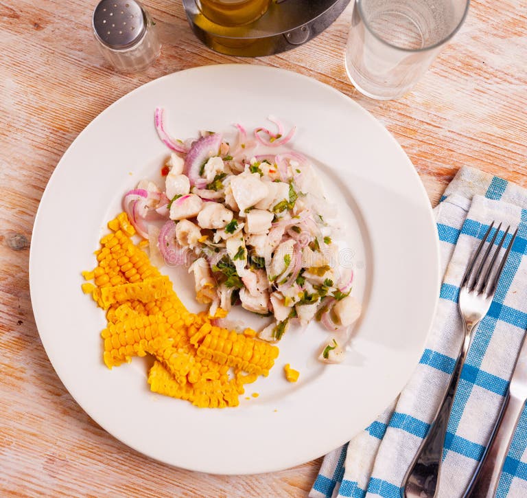 Ceviche of Marinated Cod Fillet Boiled Corn Seeds Stock Photo - Image ...
