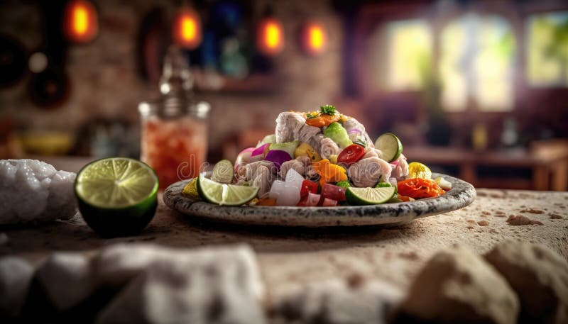 Ceviche on Stone, Blurred Background, Rustic Pub. Generative AI Stock ...