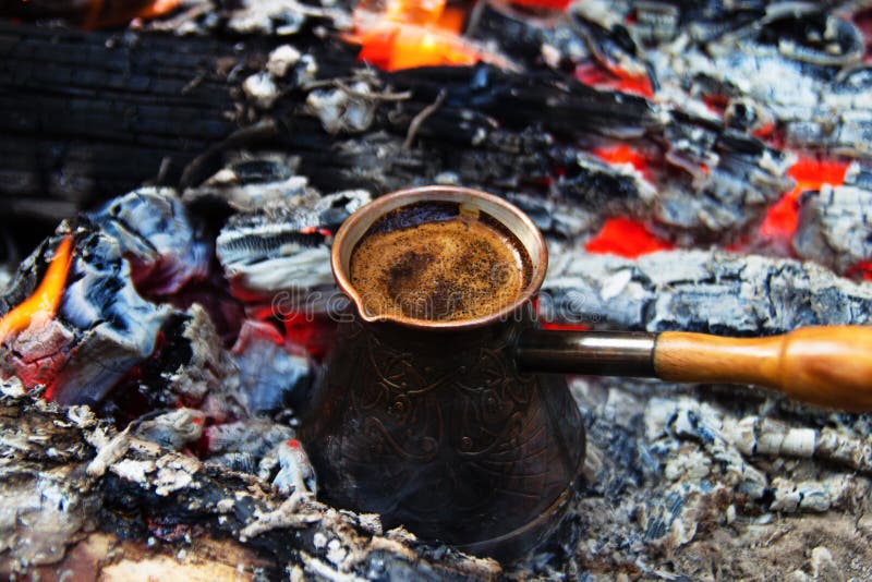 Cezve with Hot Flavored Coffee on a Bonfire Closeup. Stock Photo ...