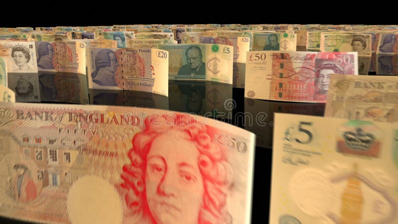 Fly-through Animation Over a Large Set of British Pound Banknotes Stock ...