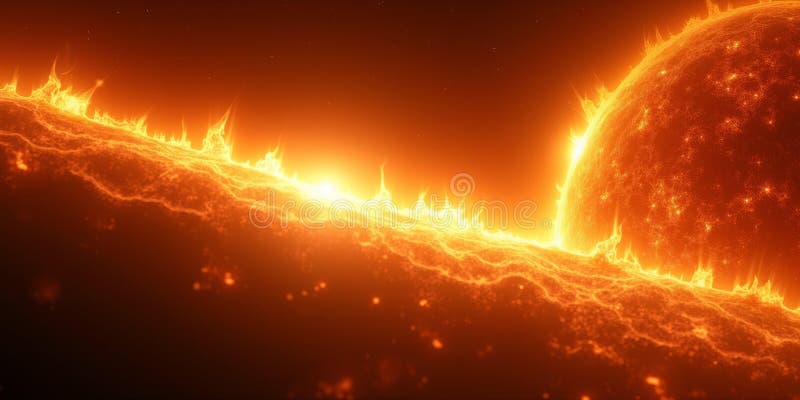 Background of Blazing Sun with Sharp Flames Over Dark Rocky Planet S ...