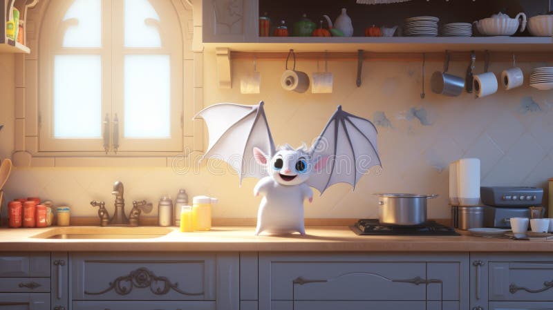 Cute Cartoon Bat in Kitchen: Volumetric Lighting, Pixar Style Stock ...
