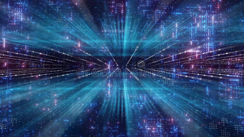 CGI Flythrough of Digital Tunnel with Glowing Particles in Dark Space ...