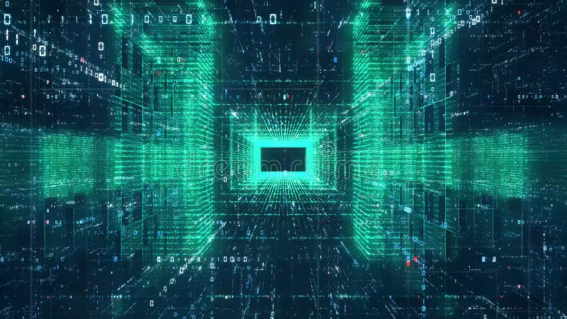 CGI Flythrough of Digital Tunnel with Glowing Particles in Dark Space ...