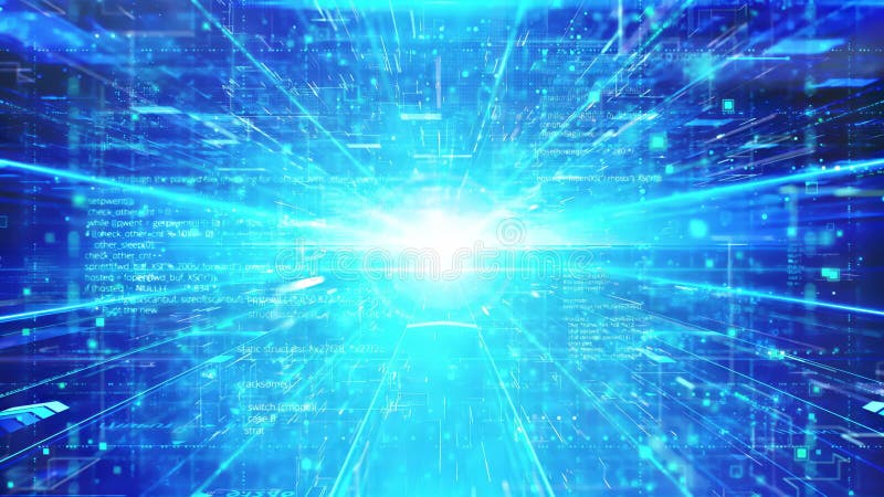 CGI Flythrough of Digital Tunnel with Glowing Particles in Dark Space ...