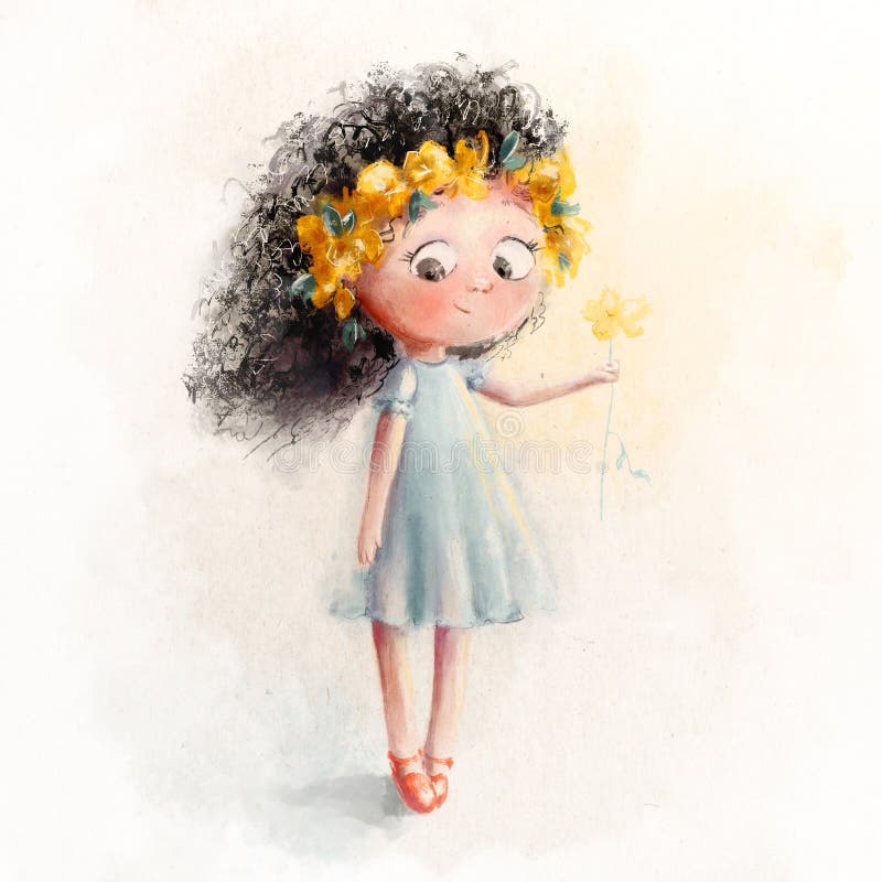 Curly Black-haired Girl with Yellow Flower Childish Cartoon ...