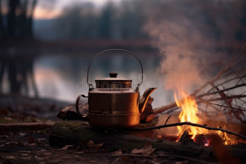 Chai Tea Brewing in a Traditional Kettle Over a Campfire, Surrounded by ...