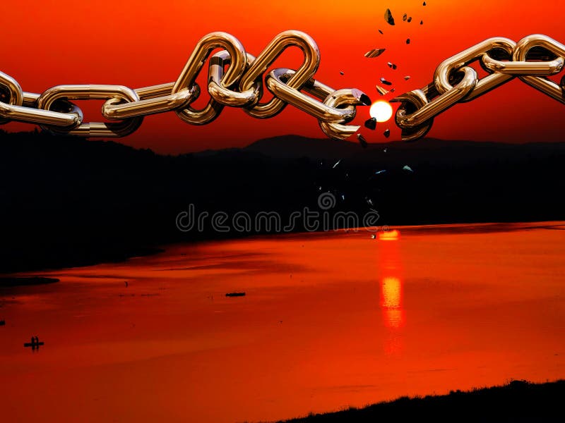 Chain Breaking, Break in Pieces in Sunset Sea Sun before Night Stock ...