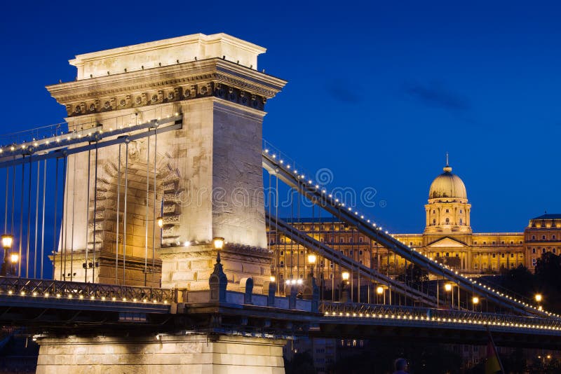 Chain Bridge and Buda Castle at Night in Budapest Stock Photo - Image ...