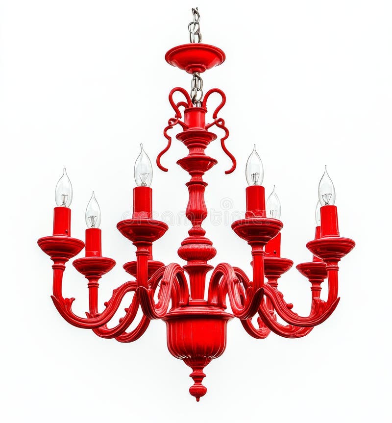 On a Chain, a Five-light Red Ceramic Chandelier Sits Stock Photo ...