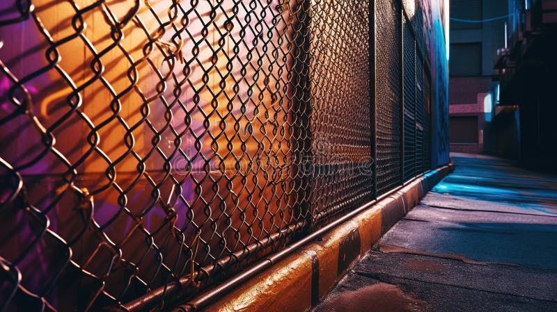A Chain Link Fence on the Side of a Building at Night Stock ...