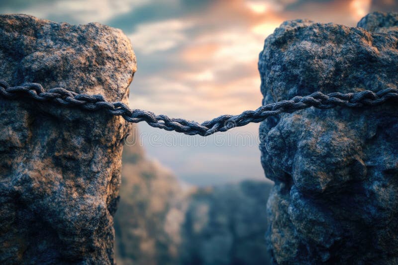 A Chain Linking Two Large Rocks Against a Beautiful Sunset Backdrop ...