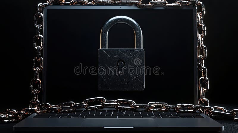 Chain and Padlock Over Laptop Screen, Computer Security Stock ...