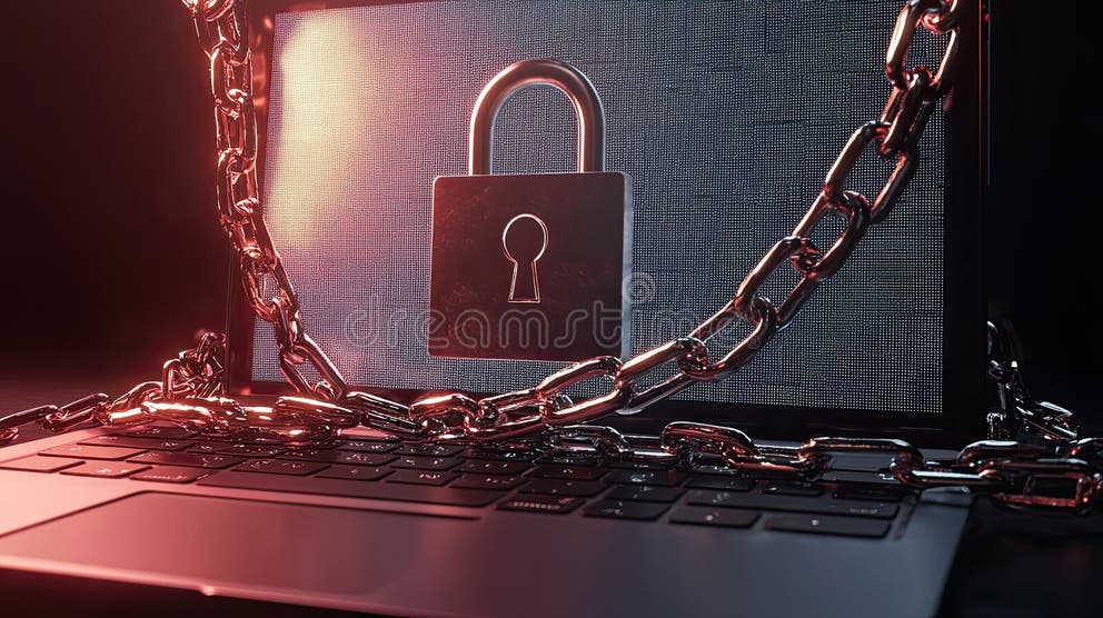 Chain and Padlock Over Laptop Screen, Computer Security Stock ...