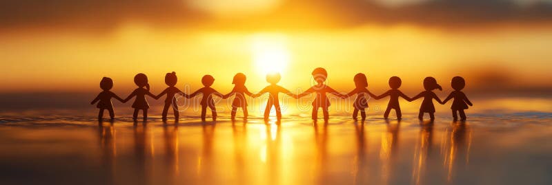 Chain of Paper People Holding Hands Together at Sunset , Harmony and ...