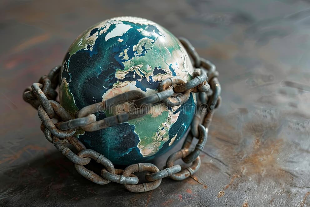 A Chain is Wrapped Around a Globe, Placed on Top of a Table Stock ...