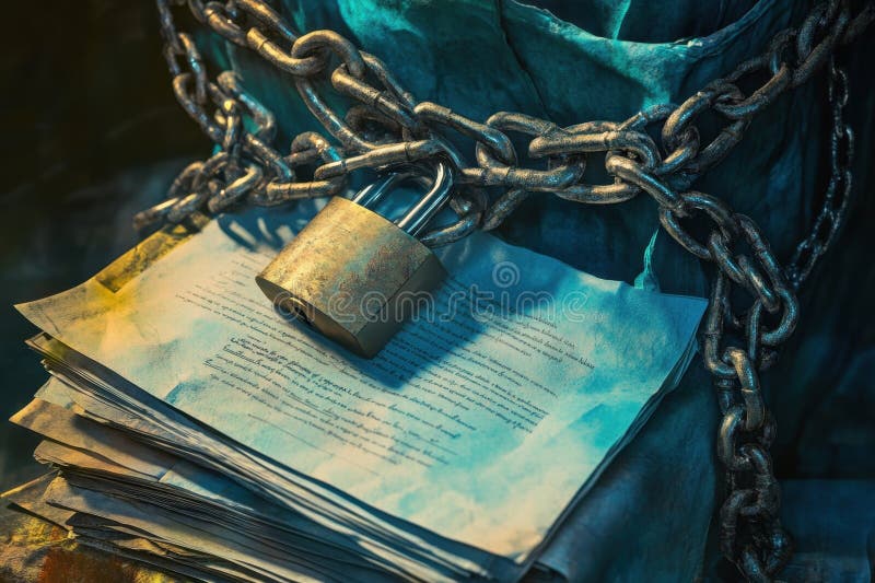 A Chain is Wrapped Around a Stack of Papers with a Padlock on Top Stock ...