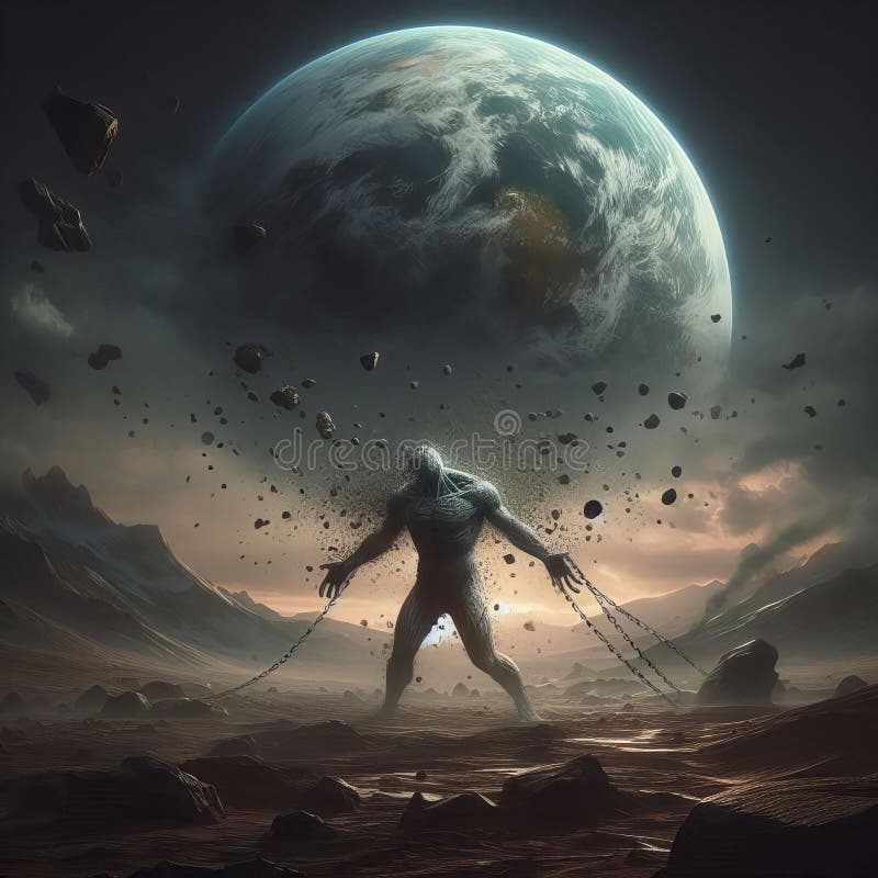 Chained Figure Breaking Free with Earth in the Background Stock ...