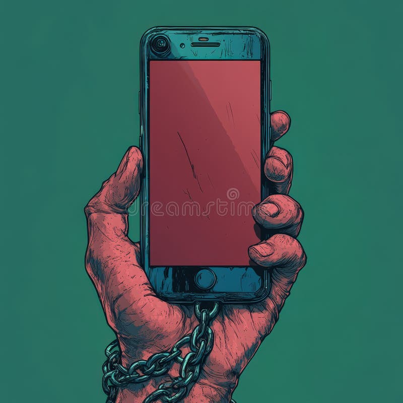 Chained Hand Gripping Smartphone with Ominous Red Screen Stock ...