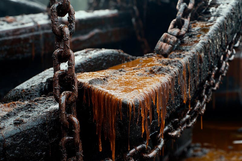Rusty Chains Glisten with Moisture As they Dangle in a Misty Harbor ...