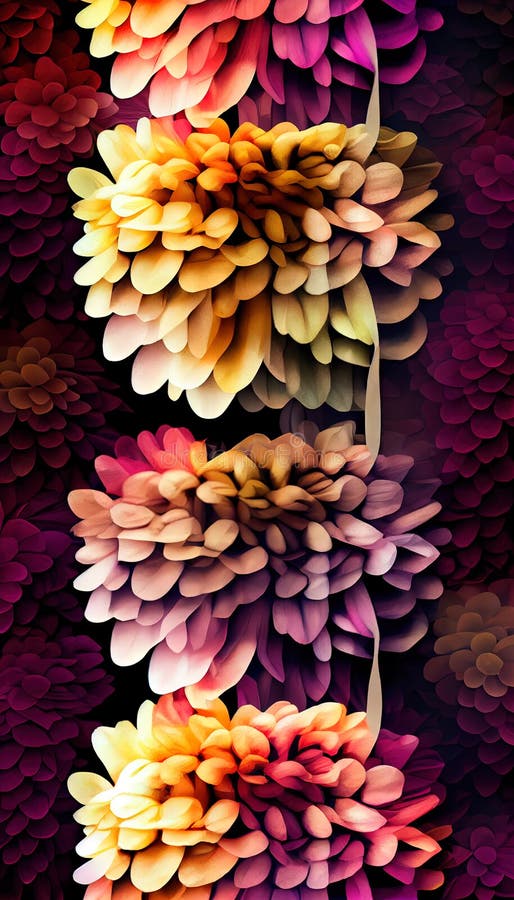 Chains of Dahlia Flowers Various Gradient Colors. AI Render. Stock ...