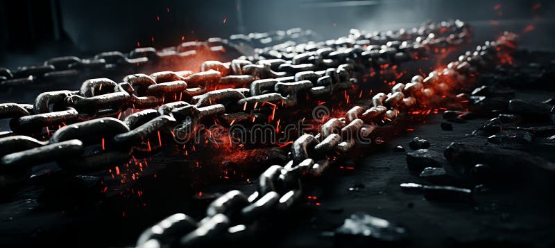 Chains Lying on the Ground with Sparks and Debris in a Dimly Lit ...