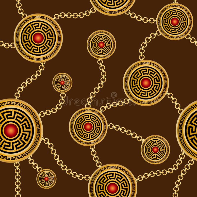 Seamless Luxury Pattern of Golden Motifs and Chains on Dark Brown ...