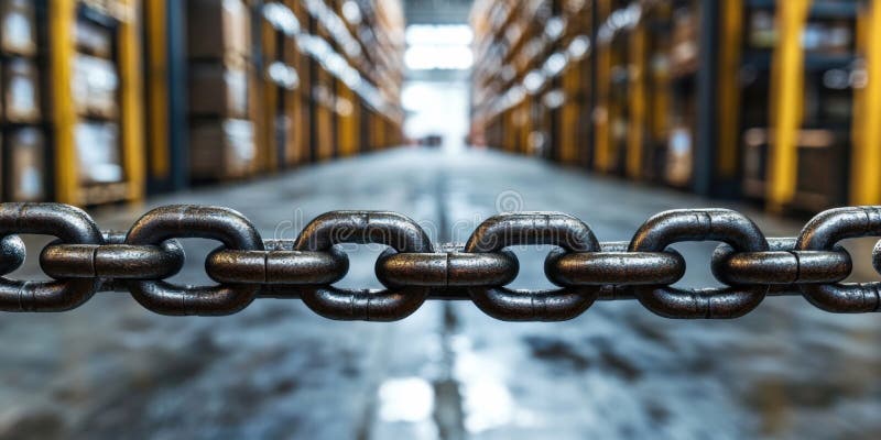Chains in a Warehouse Setting with Shelves Filled with Goods in the ...
