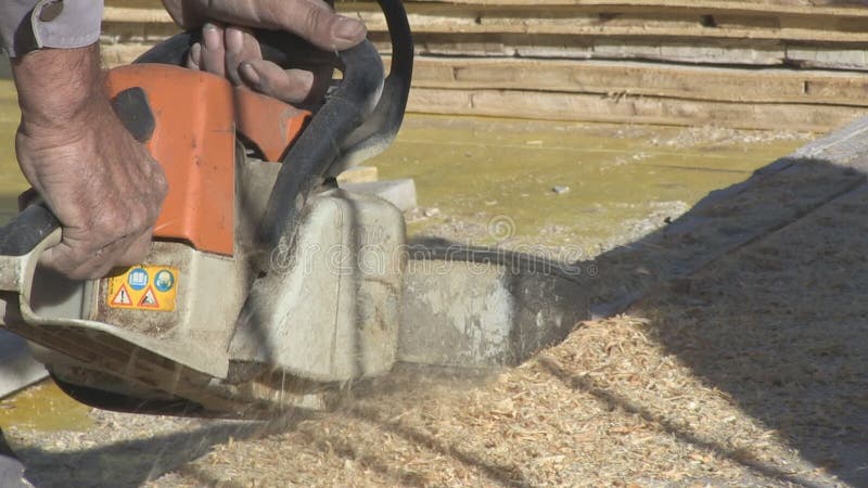 Chainsaw in Action Cutting Wood. Man Carving Wood with Saw, Dust and ...