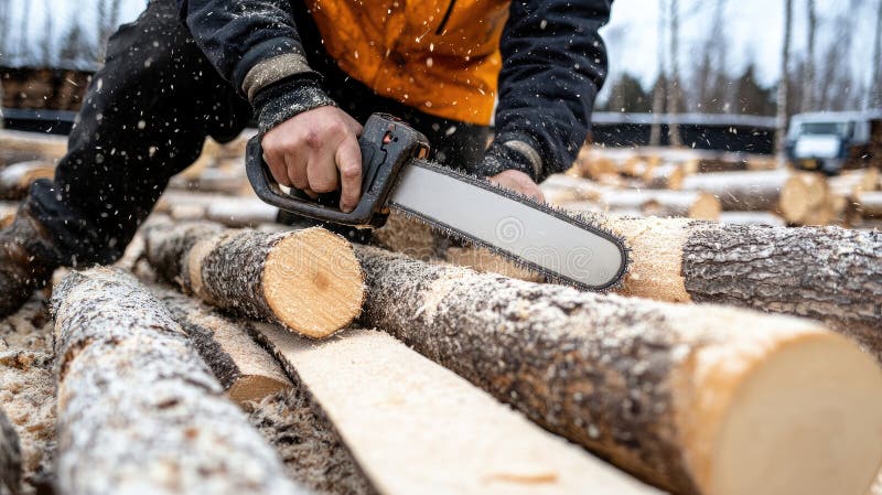 Chainsaw Cuts through Logs in a Forest, Showcasing the Process of ...