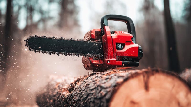 Chainsaw Cutting Log with Flying Sawdust in Forest Stock Photo - Image ...