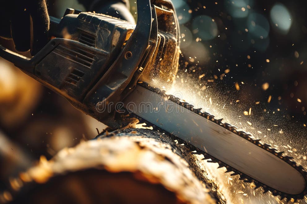 Chainsaw Cutting through a Tree with Flying Sawdust Stock Photo - Image ...