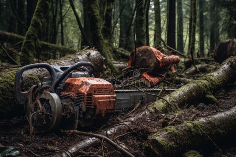 Chainsaw Resting Next To Fallen Tree in a Forest Stock Photo - Image of ...