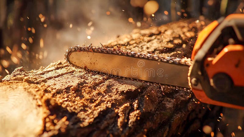 A Chainsaw Running into a Log. Flying Splinters and Sawdust are Visible ...